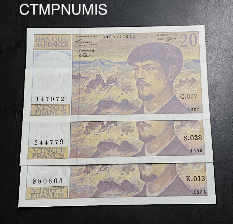 BILLET FRANCAIS 20 FRANCS DEBUSSY 1984,90,92 LE LOT DE 3 BILLETS NEUFS ...